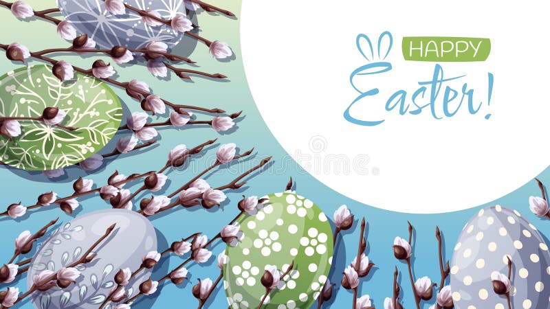 Happy Easter Banner Design with Colorful Easter Eggs and Fluffy Willow Branches. Spring Vector ...