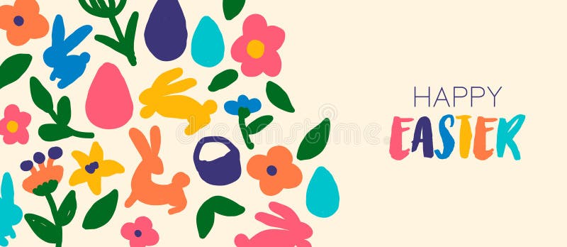 Happy Easter Colorful Hand Drawn Doodle Banner Illustration in Simple ...