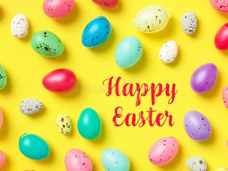 Happy Easter Banner with Multiple Coloured Easter Eggs on a Yellow ...