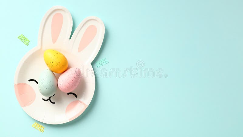 Happy Easter Banner Design. Easter Eggs, Bunny, Tulips on Pastel Blue Background. Flat Lay, Top ...