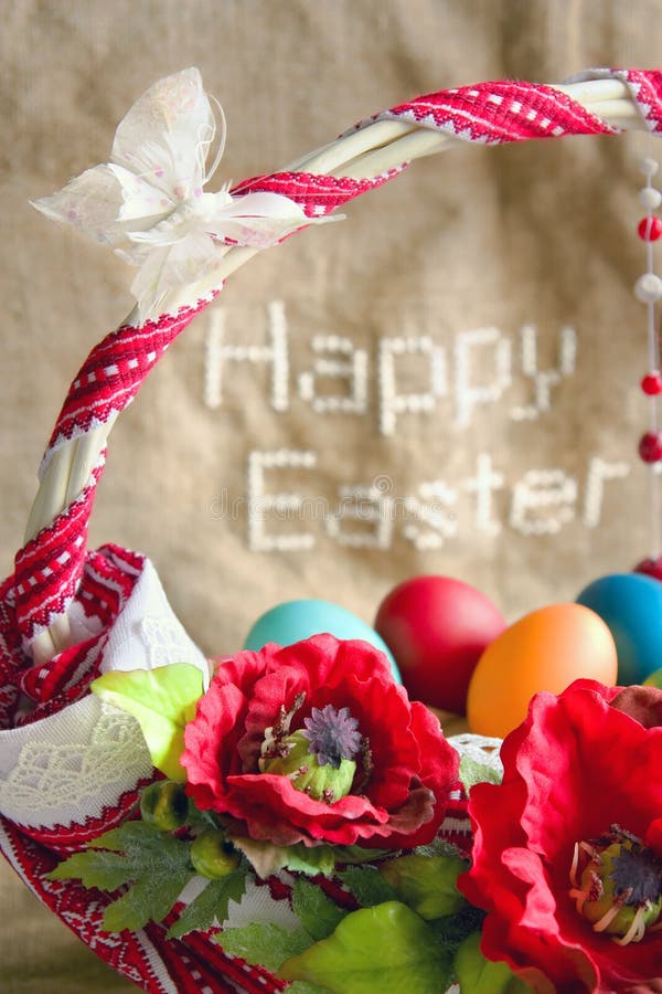 Happy Easter and Basket with Eggs Stock Photo - Image of countrified ...