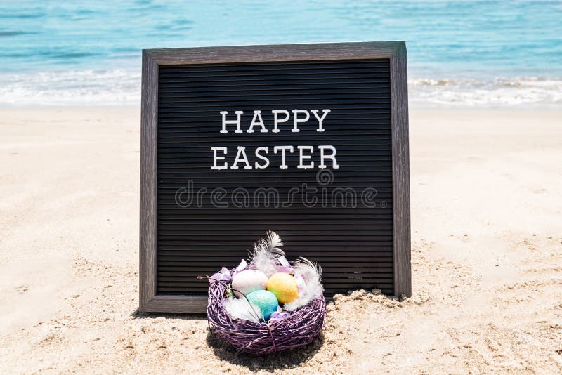 Happy Easter Beach Background with Black Board and Basket Stock Image ...
