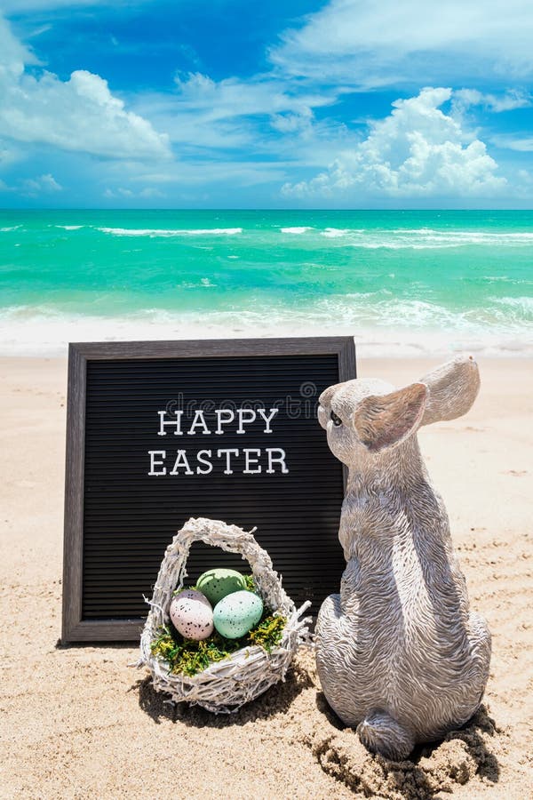 Happy Easter Beach Background with Black Board and Bunny Stock Image ...