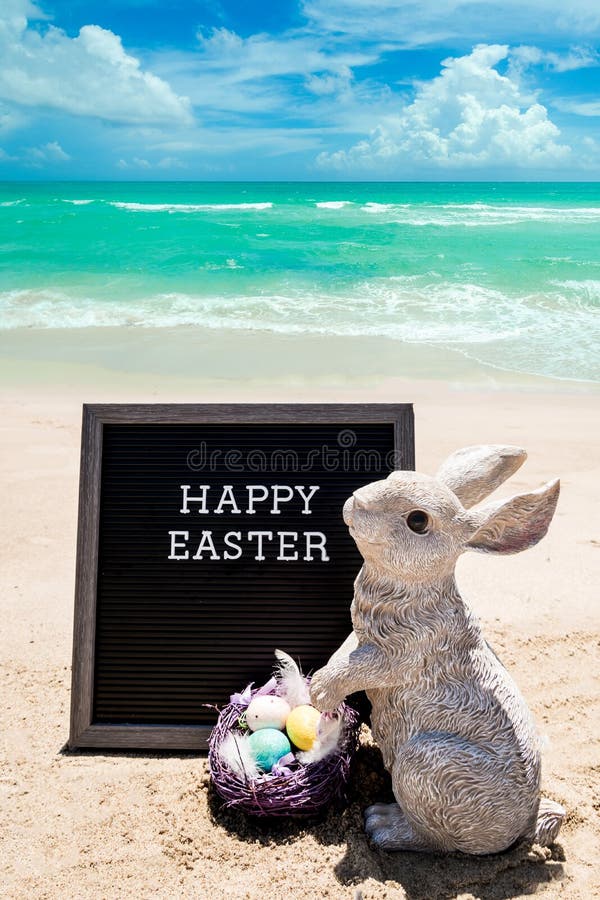 Happy Easter Beach Background with Black Board and Bunny Stock Image ...