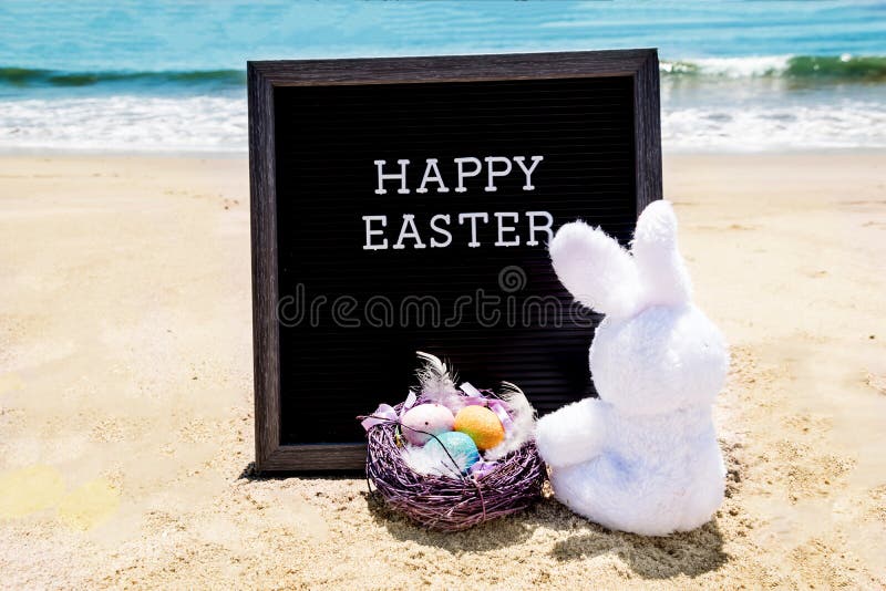 Happy Easter Beach Background with Black Board and Bunny Stock Image ...