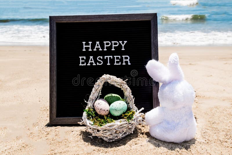 Happy Easter Beach Background with Black Board and Bunny Stock Image ...