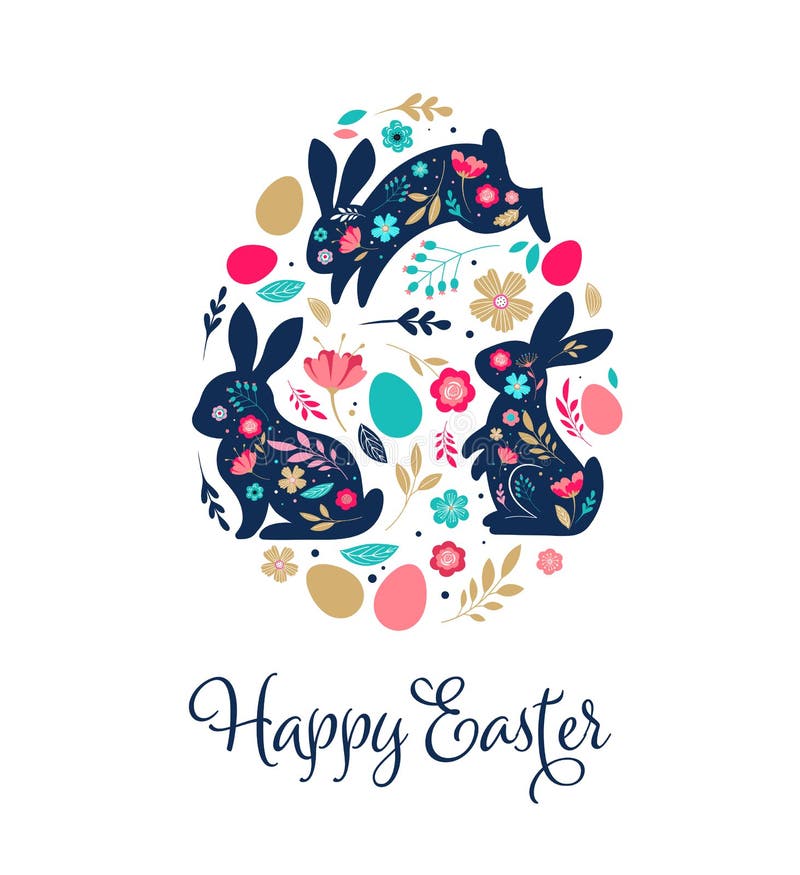 Happy Easter Vector Illustrations of Bunnies, Rabbits Icons, Decorated ...