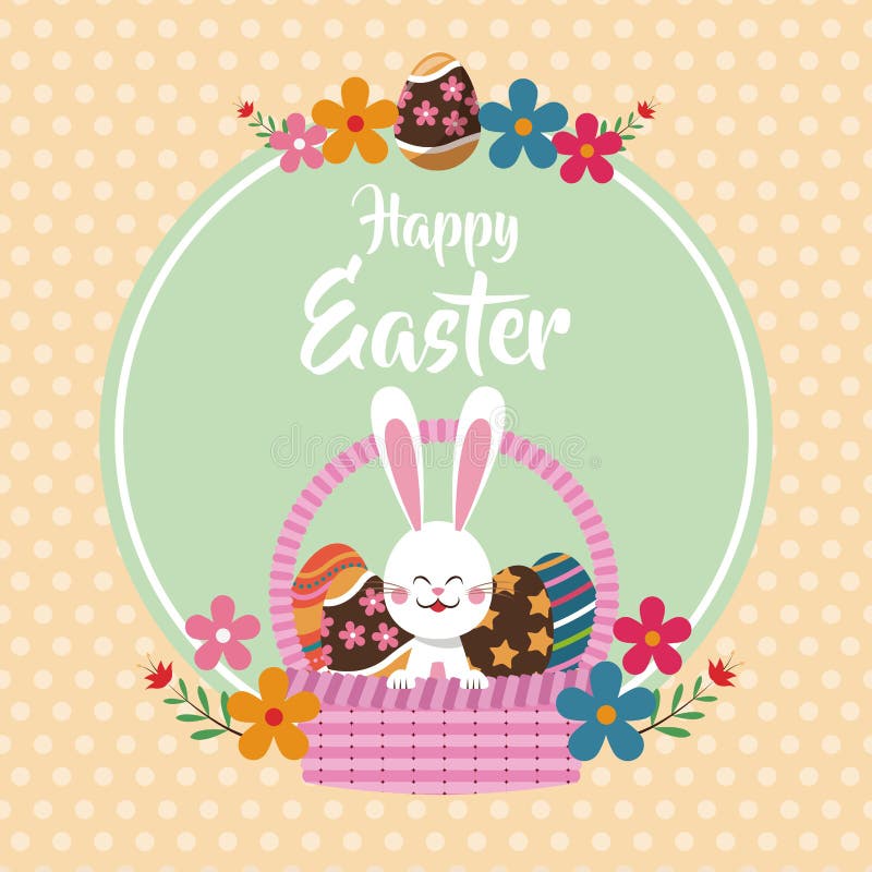 Happy Easter Bunny in Basket Egg Floral Dots Background Stock ...