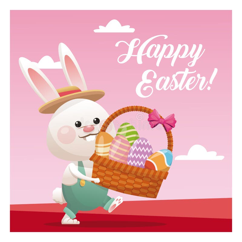 Happy Easter Bunny Basket Egg Pink Background Stock Vector ...