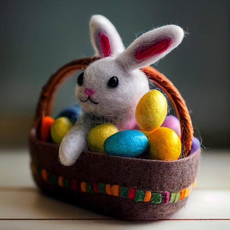 Happy Easter Bunny with Basket of Eggs 21, (Felt) (AI Generated) Stock ...