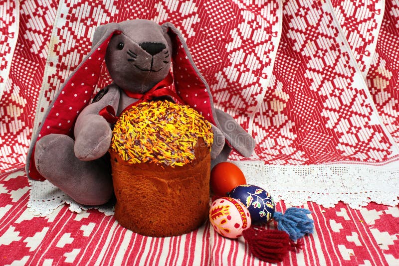 Happy Easter Bunny, Cakes and Painted Eggs with Words Christ Has Risen ...