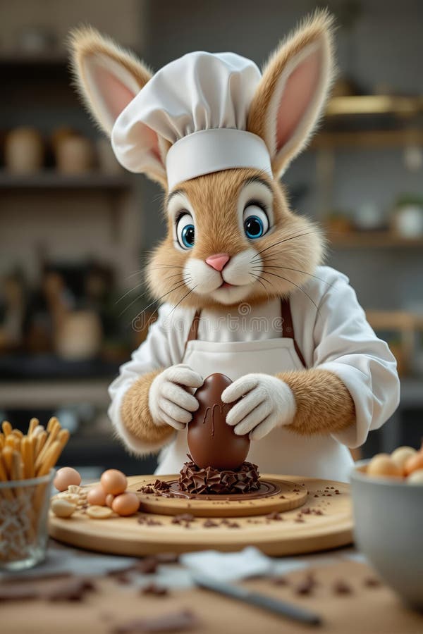 Happy Easter ! Bunny Chef Making Chocolate Egg. Stock Illustration ...