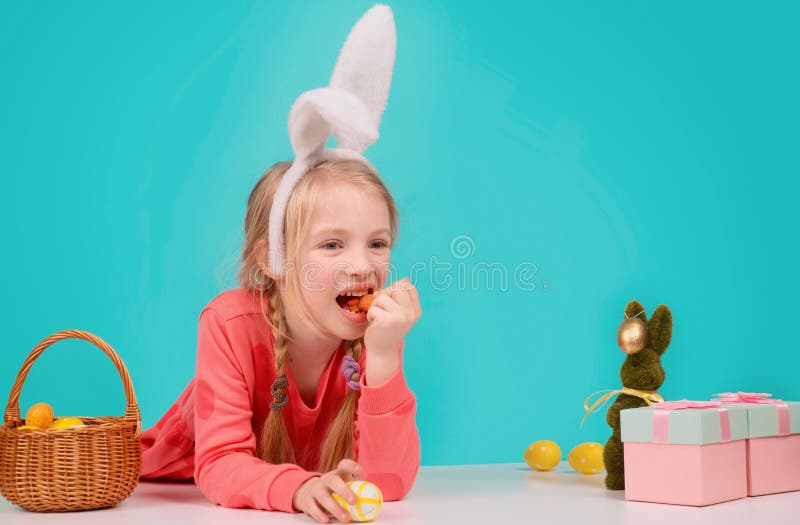 Happy Easter Bunny. Child Having Playing with Easter Eggs, Eat Carrot ...