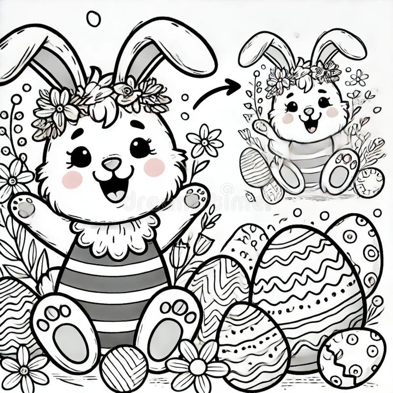 Happy Easter Bunny Coloring Pages Cartoon Illustration. Happy Easter ...