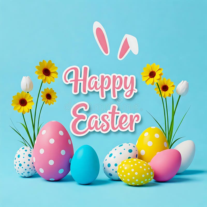 Happy Easter Greetings Card Template with Bunny Ears and Flowers Stock ...