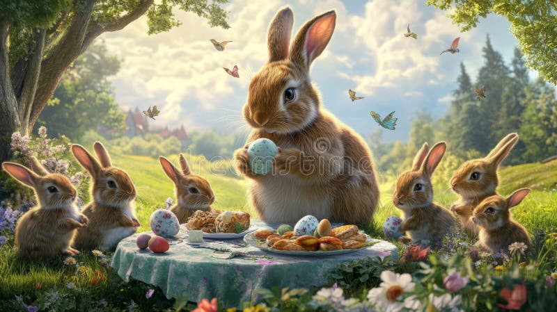 Happy Easter Bunny Family Gathering in a Spring Meadow Stock ...