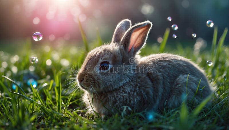 Happy Easter Bunny with Flowers and Easter Eggs on Green Grass in the ...