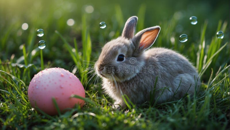 Happy Easter Bunny with Flowers and Easter Eggs on Green Grass in the ...