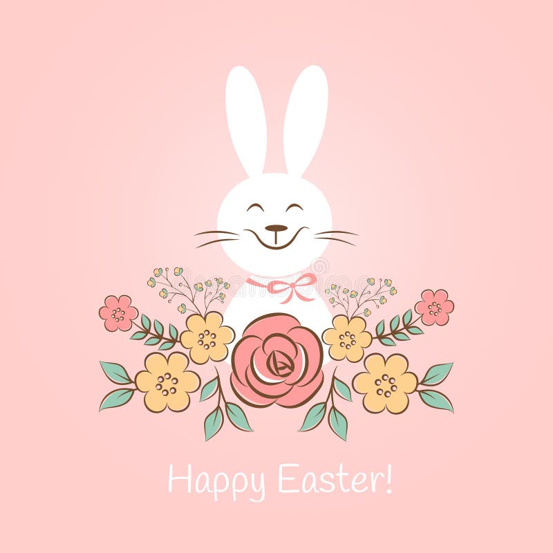 Happy Easter Bunny with Flowers Stock Vector - Illustration of cute ...