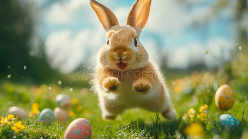 Happy Easter Bunny Hopping through Spring Grass Stock Illustration ...