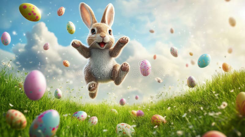 Happy Easter Bunny Jumping in the Field with Colorful Eggs Stock ...
