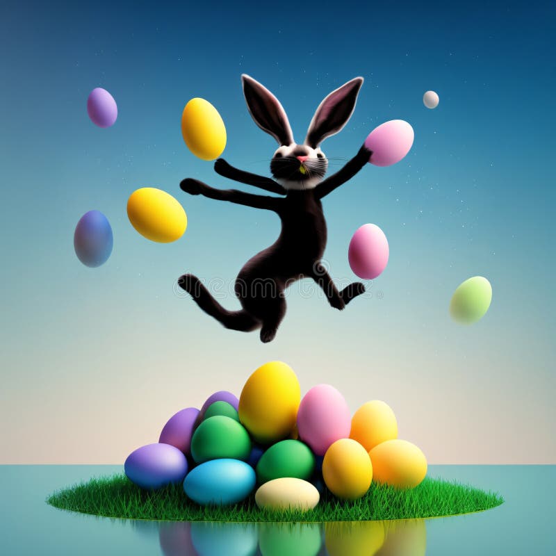 Happy Easter Bunny Jumping with Joy with Cyborgy Easter Eggs Stock ...