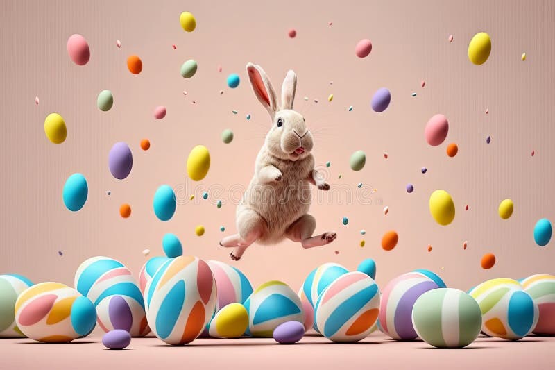 Happy Easter Bunny Jumping Over Colorful Easter Eggs, Concept of Easter ...