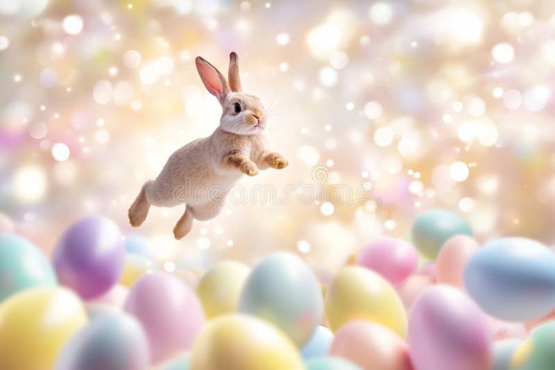 Happy Easter Bunny Leaping Sea Floating Eggs Each One Shimmering Stock ...