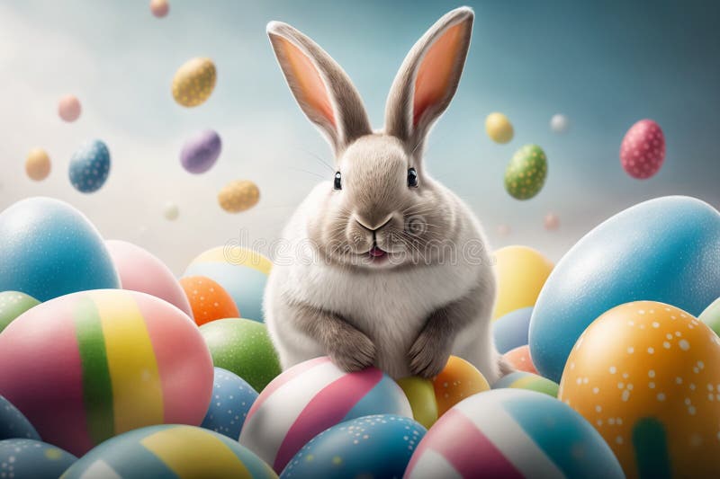 Happy Easter Bunny with Many Colorful Easter Eggs Stock Image - Image ...