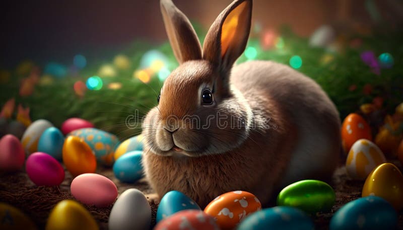 Happy Easter Bunny with Many Colorful Easter Eggs Stock Illustration ...