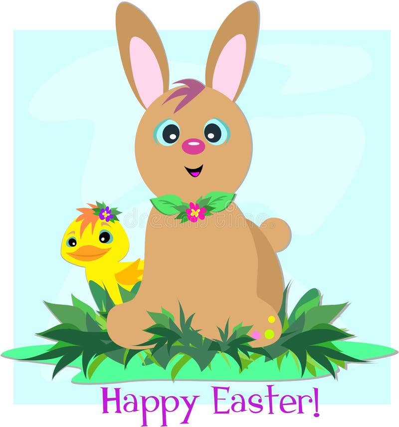 Happy Easter Bunny Rabbit and Duck Stock Vector - Illustration of grass ...
