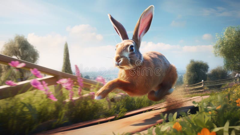 Happy Easter Bunny Racing Under Blue Sky in Lush Spring Landscape Stock ...