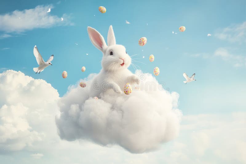 Happy Easter Bunny Riding Floating Cloud Tossing Tiny Eggs Air Birds ...
