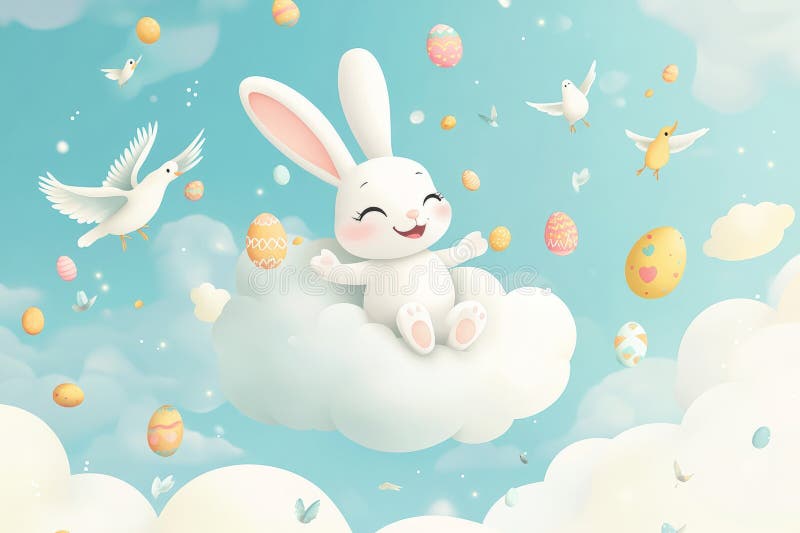A Happy Easter Bunny Riding on a Floating Cloud, Tossing Tiny Easter ...