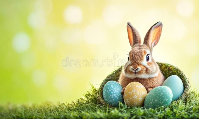 Happy Easter Bunny Sitting in Meadow with Colorful Eggs, Radiating Joy ...