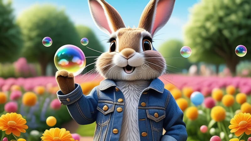 Happy Easter Bunny with Soap Bubbles in the Garden. Generative AI Stock ...