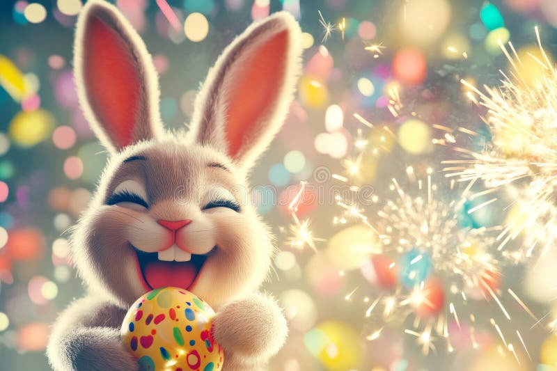 A Happy Easter Bunny Winking while Holding a Sparkling Easter Egg, with Confetti and Colorful ...