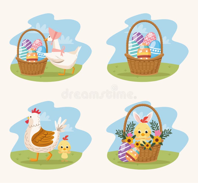 Happy Easter Card with Animals and Eggs Painted Scenes Stock Vector ...