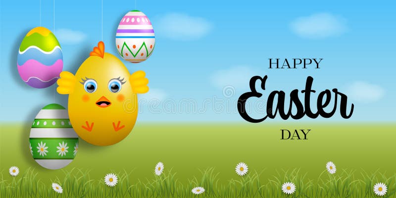Happy Easter Card. Easter Banner with Funny Eggs on Spring Landscape ...