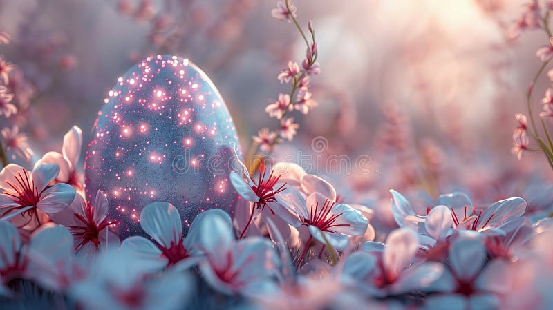 Happy Easter Card with a Blue Egg Surrounded by Flowers. Low Poly Style ...