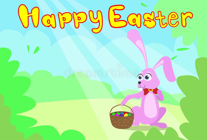 Happy Easter Card Bunny Basket Spring Landscape Stock Vector ...