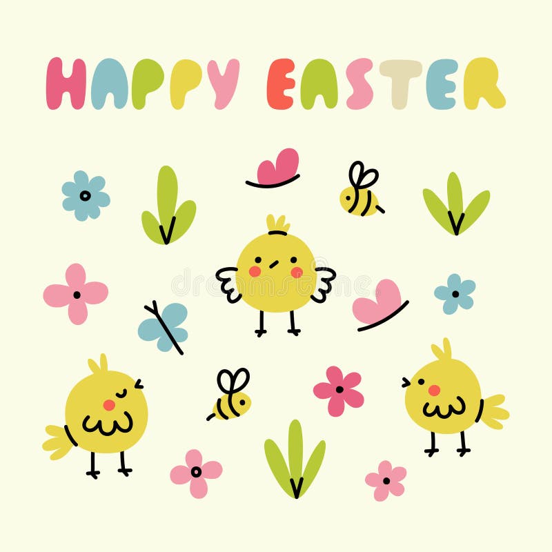 Happy Easter Card with Chicks and Flowers. Vector Flat Illustration ...