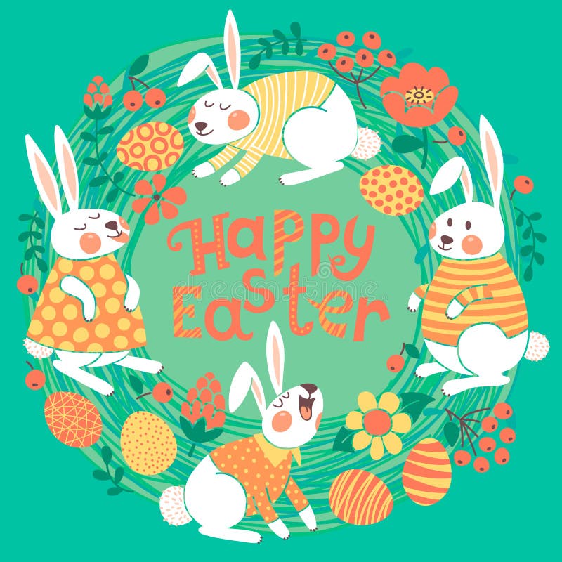 Happy Easter Card with Cute Bunnies and Colored Stock Vector ...
