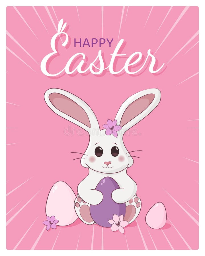 Happy Easter Card with Cute Easter Bunny and Eggs. Stock Vector ...