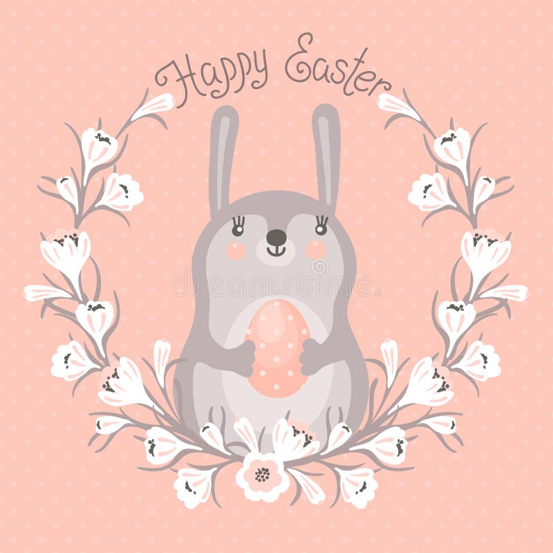 Happy Easter Card with Cute Bunnies and Colored Stock Vector ...