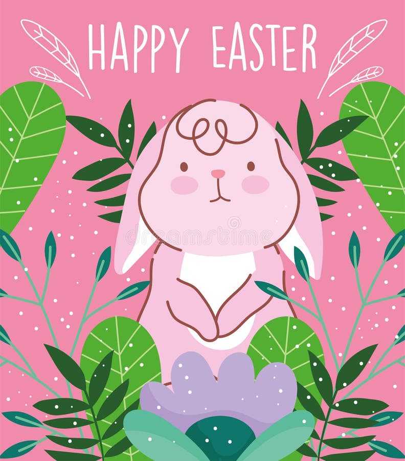 Happy Easter Card Cute Rabbit Foliage Nature Leaves Stock Vector ...