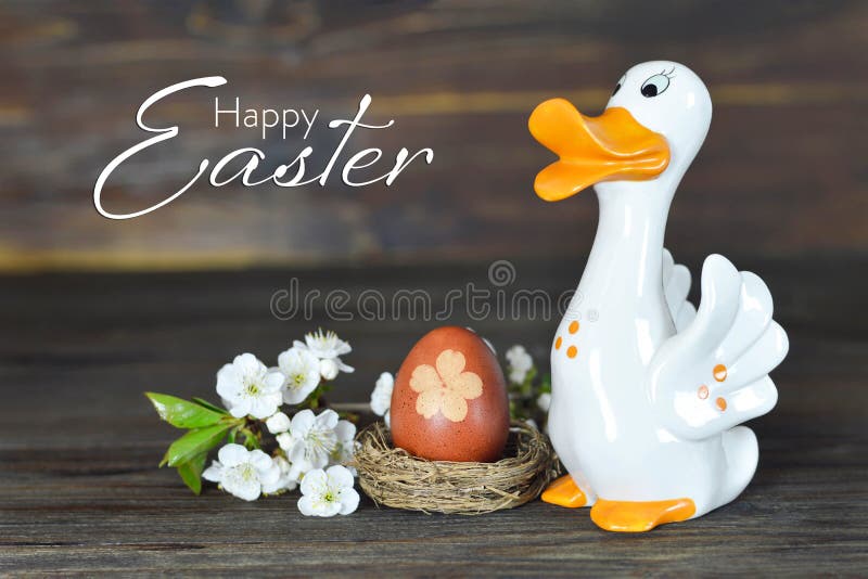 Happy Easter Card. Easter Egg and Duck Figurine Stock Photo - Image of ...