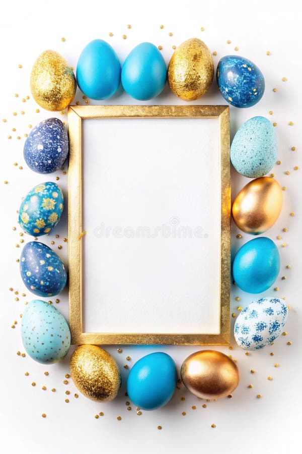 Happy Easter Card. Frame with Gold and Blue Speckled Easter Eggs with ...