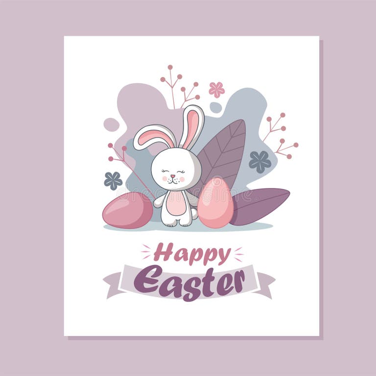 Happy Easter Card with Rabbit, Eggs, Spring Flowers Stock Vector ...