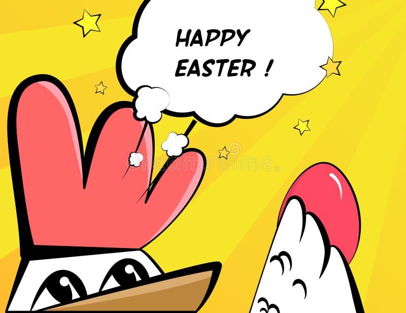 Happy Easter Card with Rooster, Egg and Text Cloud. Comics Style Stock ...